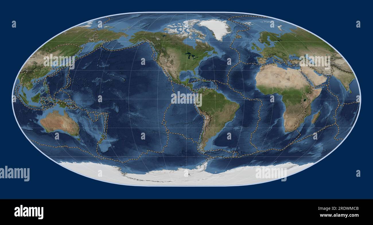 Tectonic plate boundaries on the world blue Marble satellite map in the ...