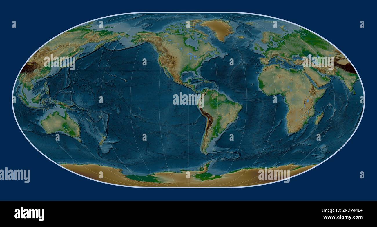 World physical elevation map in the Loximuthal projection centered on ...