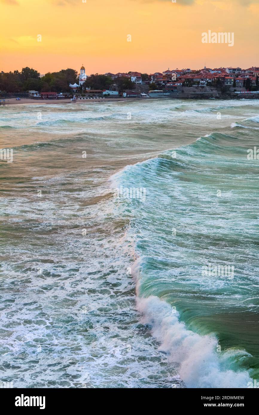 In the distance, the small old Black Sea resort town of Sozopol in ...