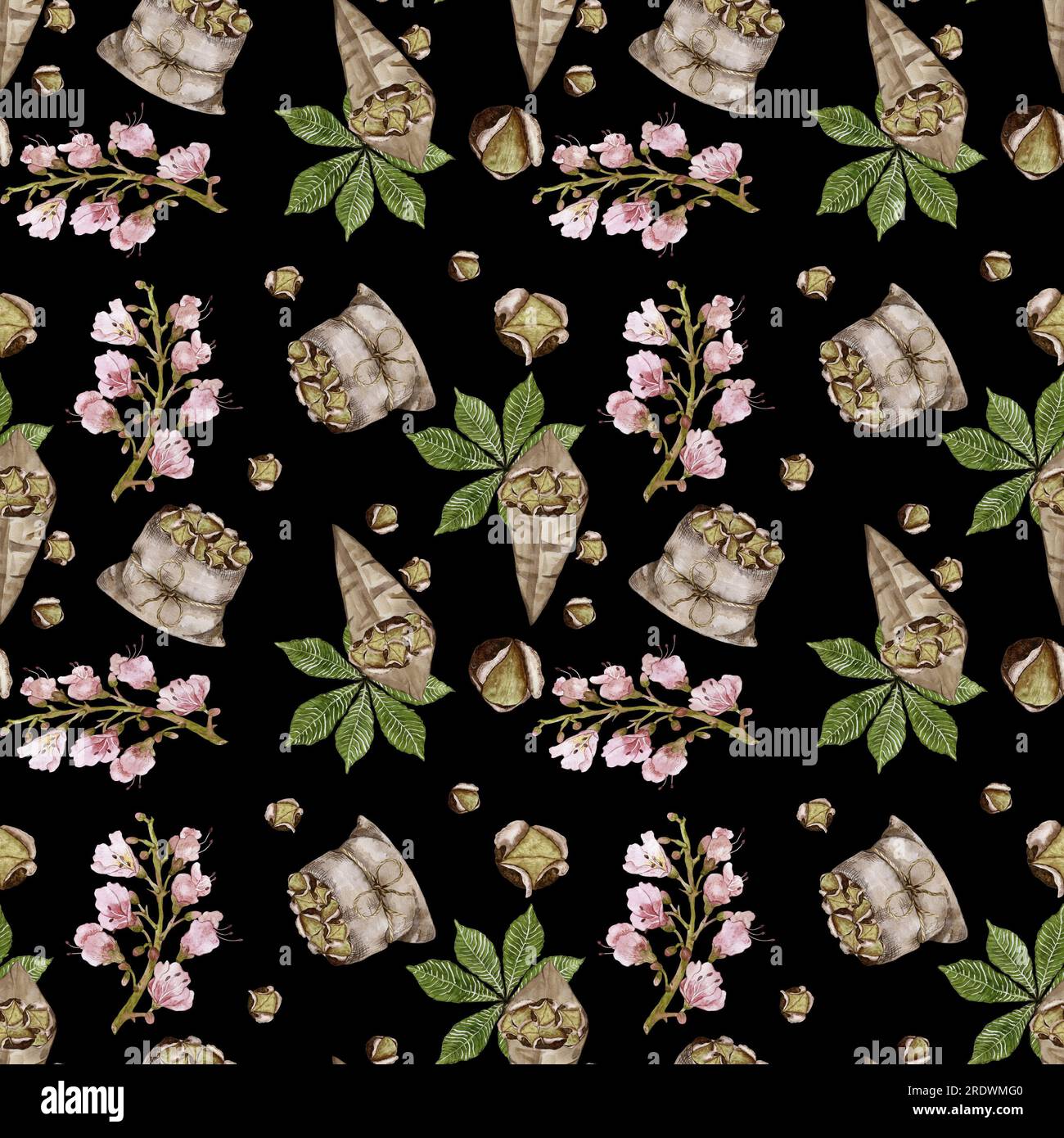 Seamless pattern with chestnut leaves and flowers. Canvas bag with ...