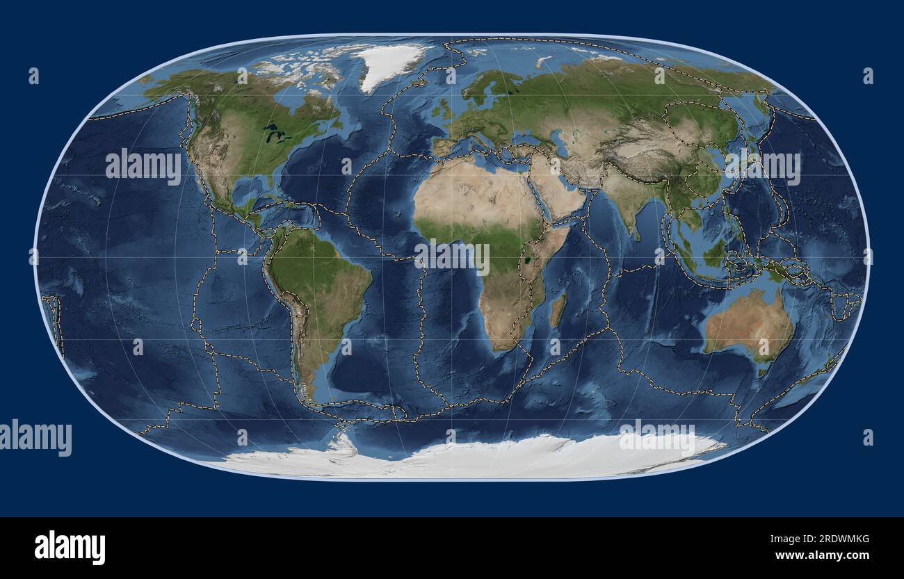 Tectonic plate boundaries on the world blue Marble satellite map in the ...