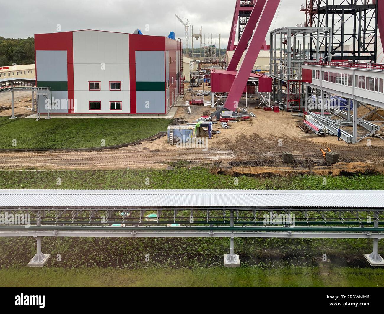 Construction and installation work with a powerful construction crane ...