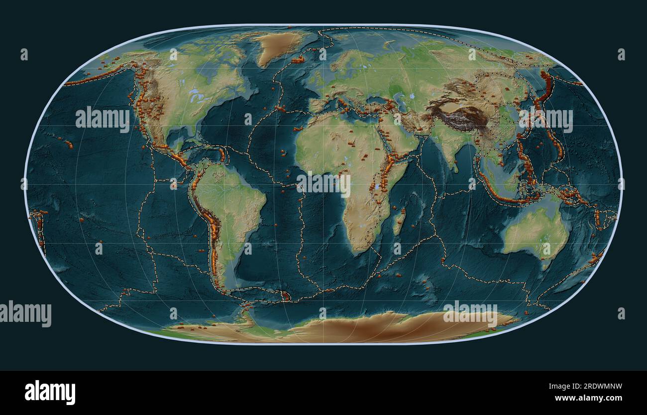 Distribution of known volcanoes on the world wiki style elevation map ...