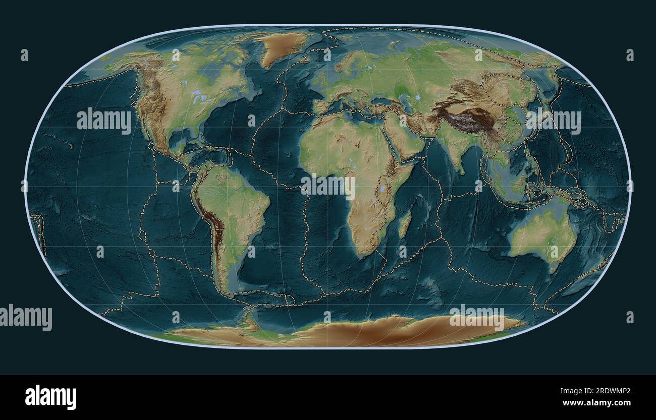 Tectonic plate boundaries on the world wiki style elevation map in the ...
