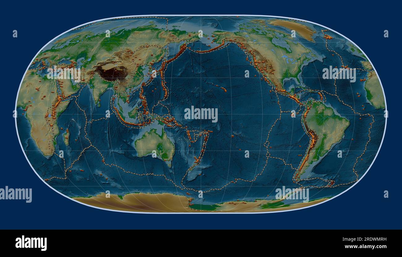 Distribution of known volcanoes on the world physical elevation map in ...