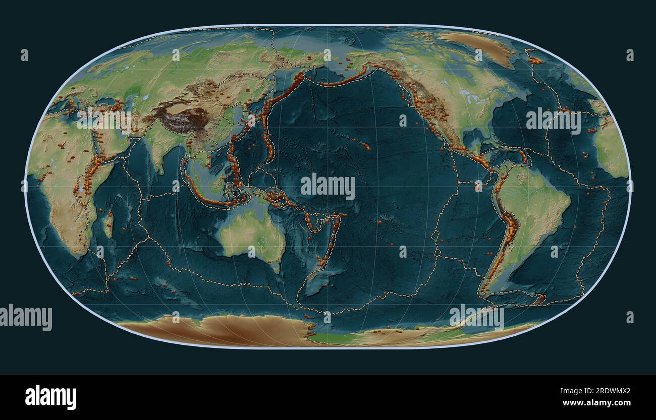 Distribution of known volcanoes on the world wikipedia style elevation ...