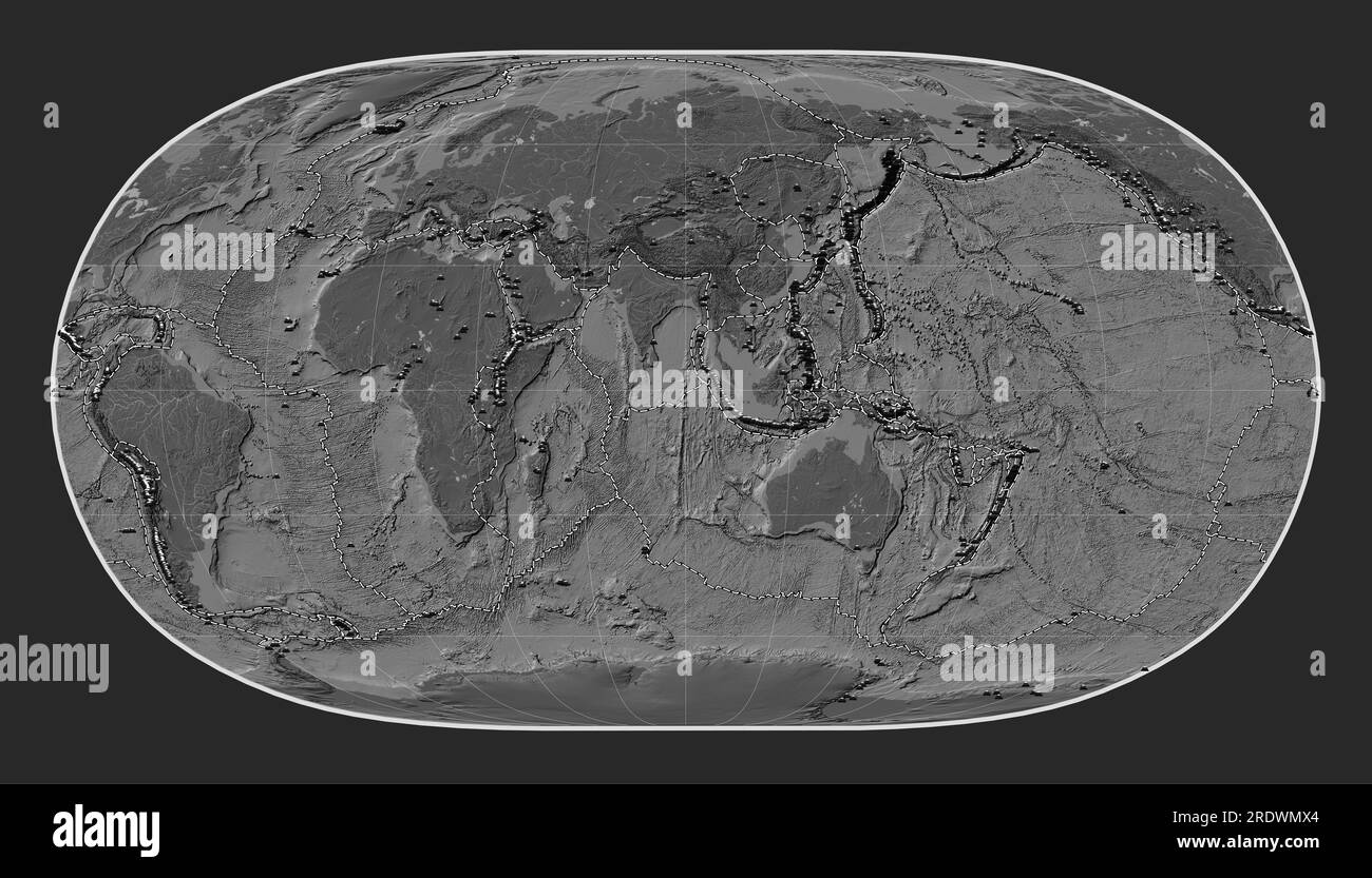 Distribution of known volcanoes on the world bilevel elevation map in ...