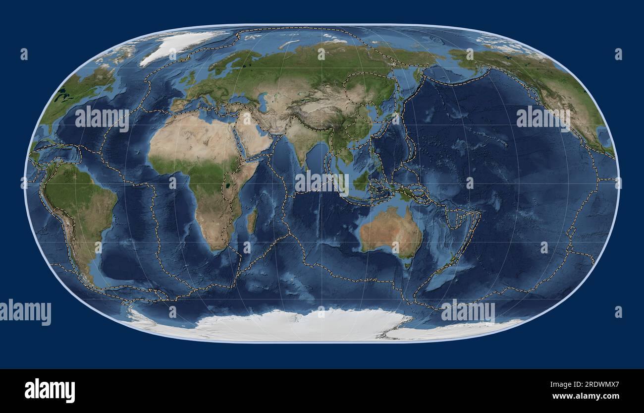 Tectonic plate boundaries on the world blue Marble satellite map in the ...