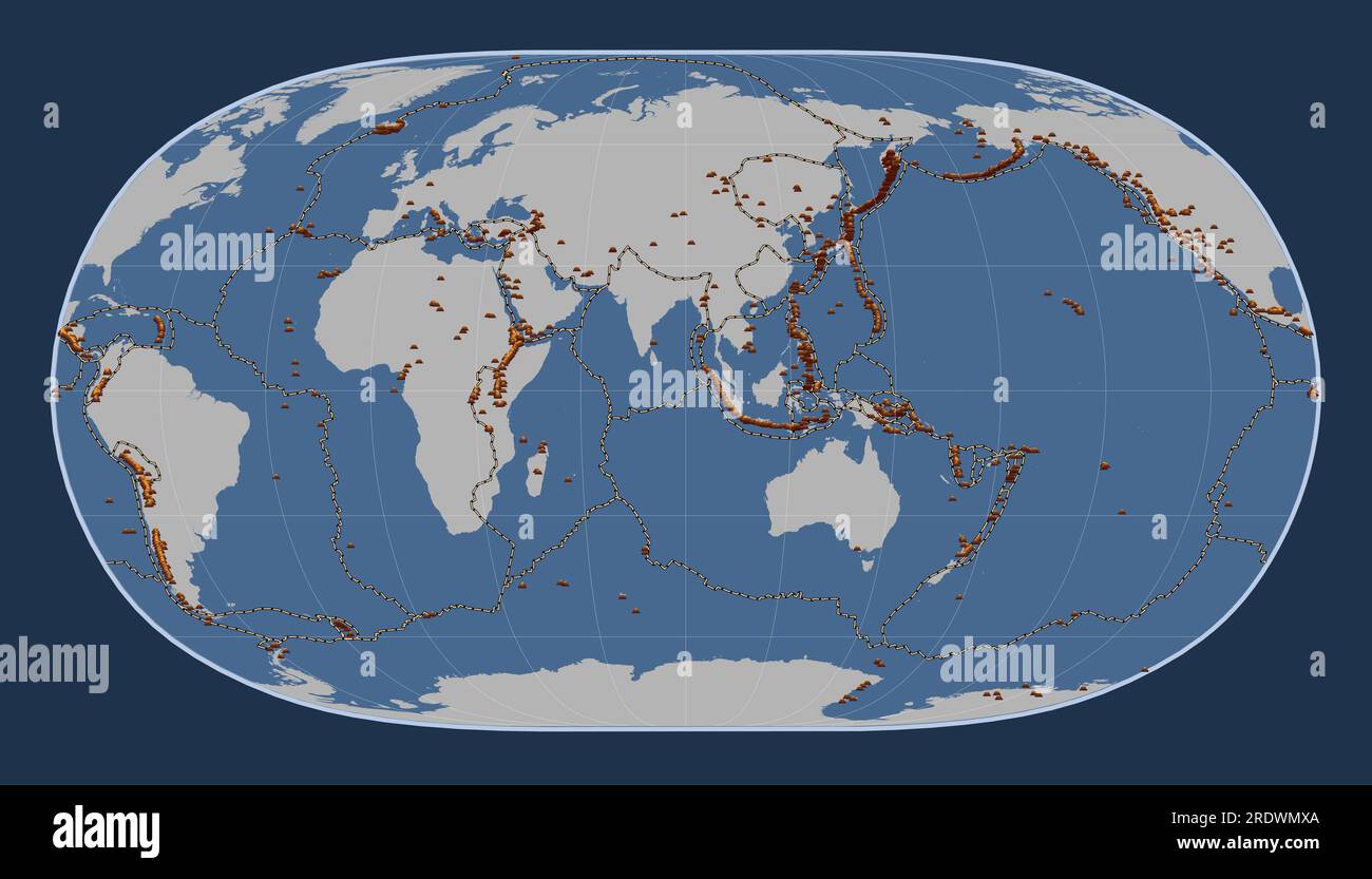 Distribution of known volcanoes on the world solid contour map in the ...