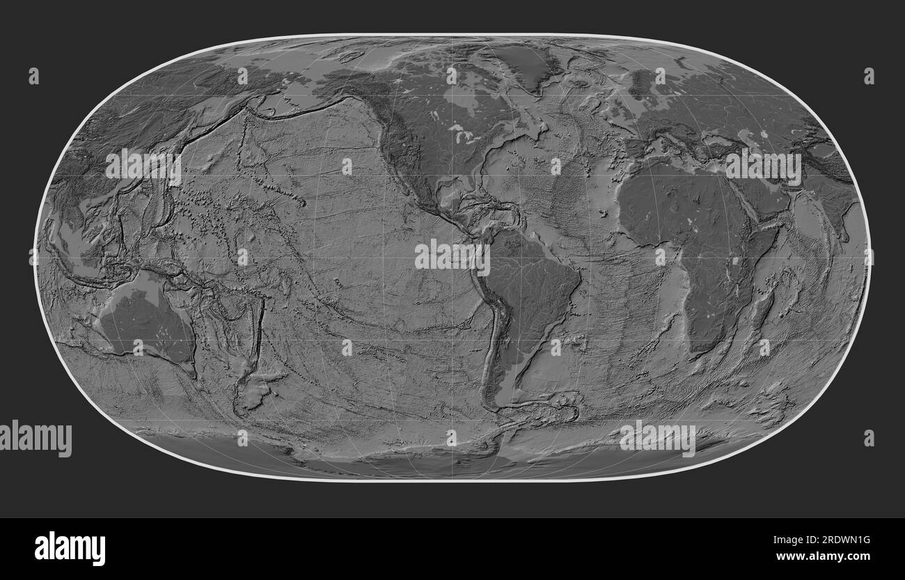 World bilevel elevation map in the Natural Earth II projection centered ...