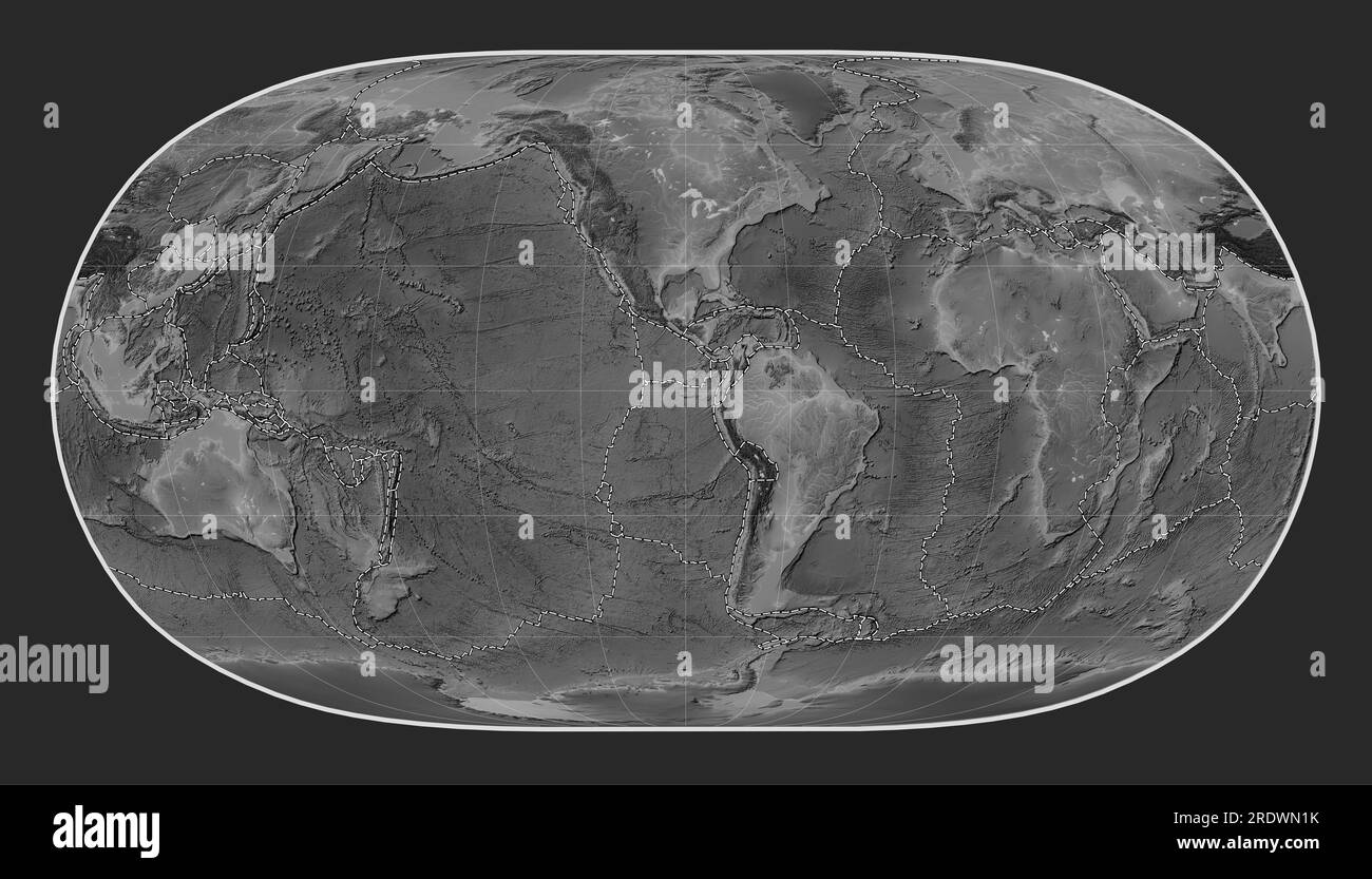 Tectonic plate boundaries on the world grayscale elevation map in the ...