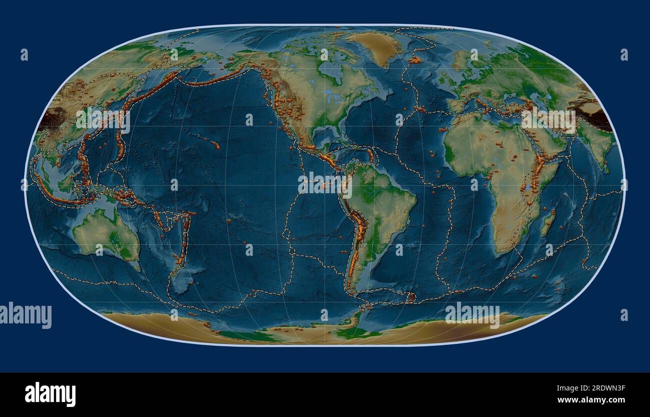 Distribution of known volcanoes on the world physical elevation map in ...