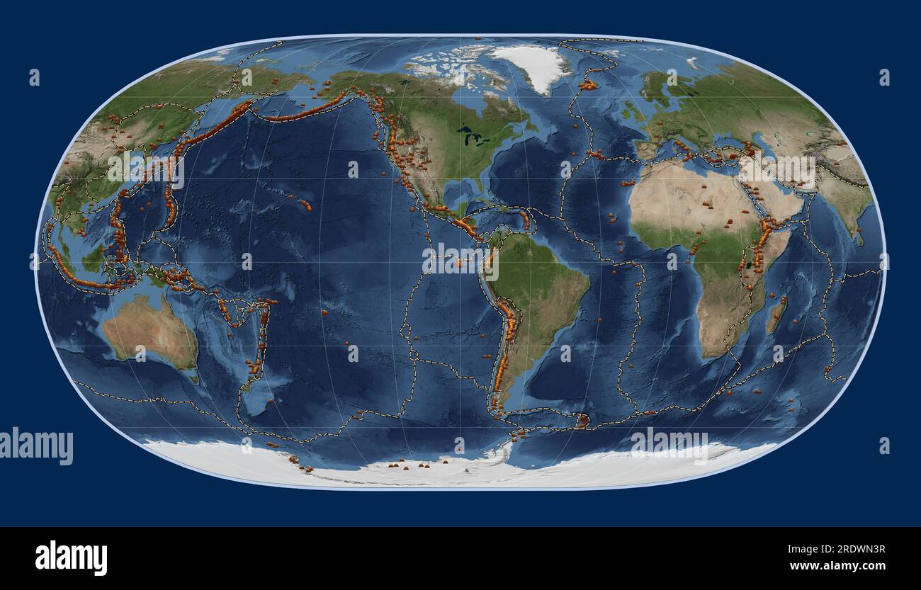 Distribution of known volcanoes on the world blue Marble satellite map ...