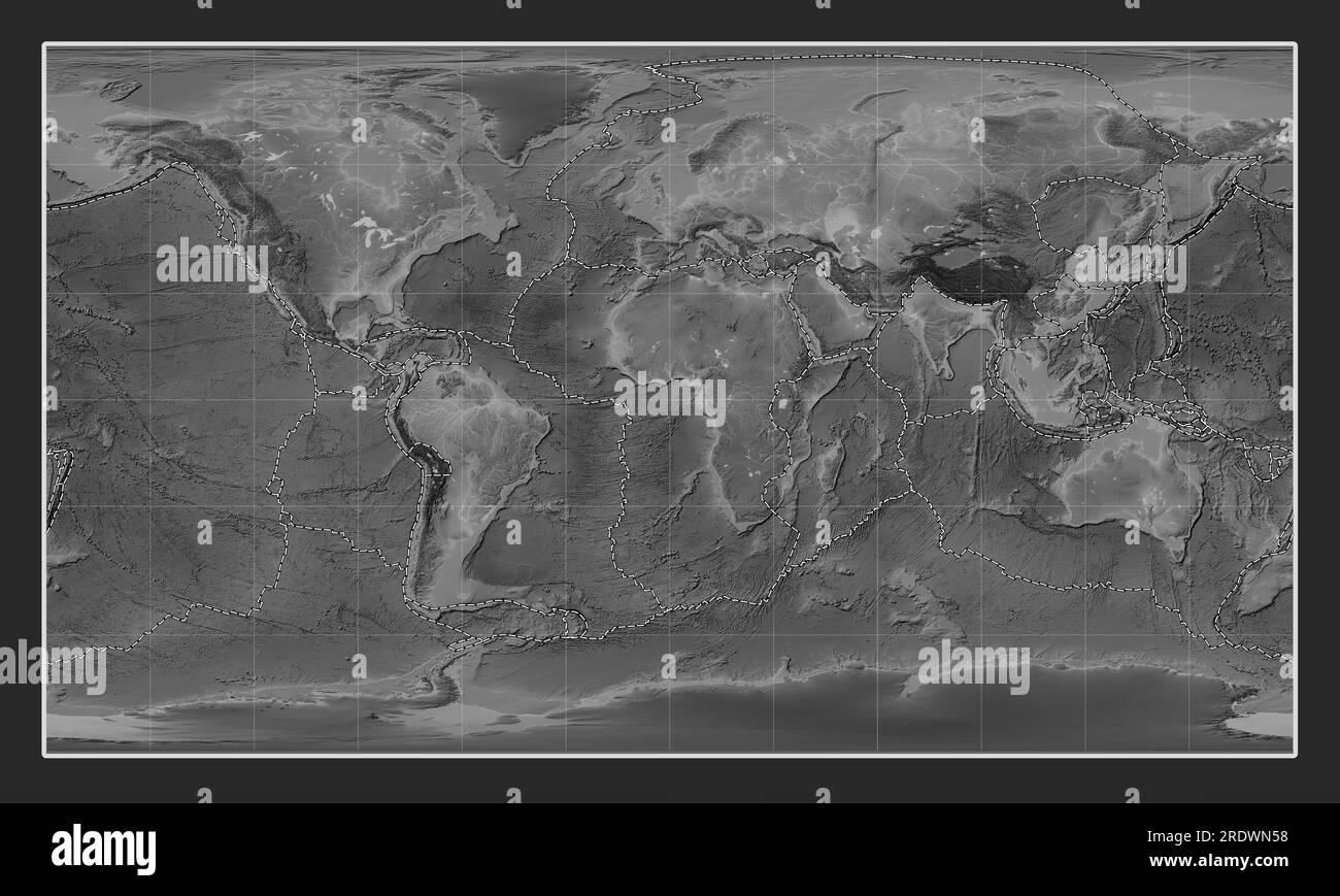 Tectonic plate boundaries on the world grayscale elevation map in the ...