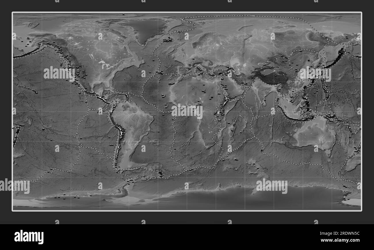 Distribution of known volcanoes on the world grayscale elevation map in ...