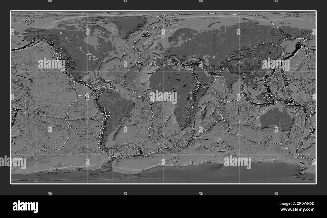 Distribution of known volcanoes on the world bilevel elevation map in ...