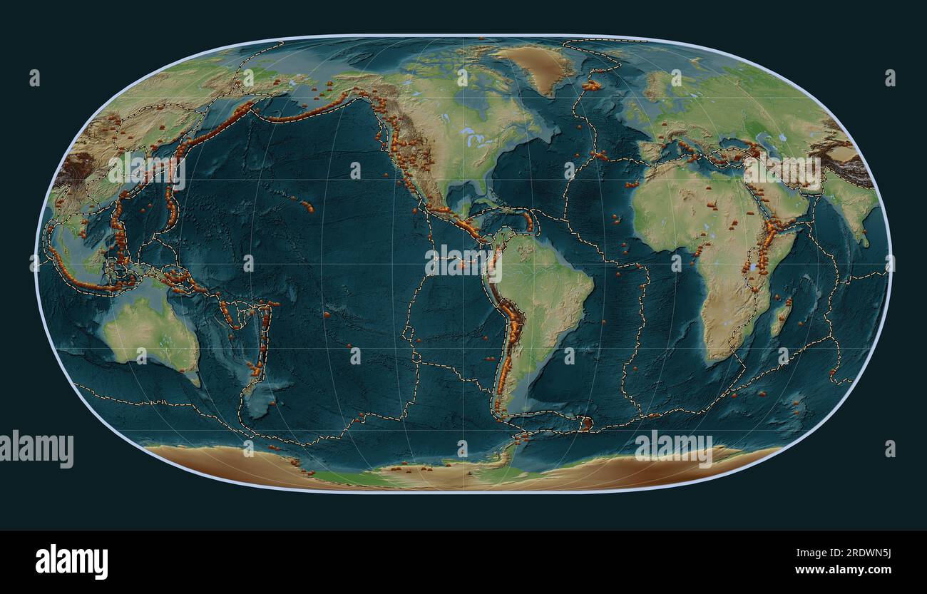 Distribution of known volcanoes on the world wikipedia style elevation ...