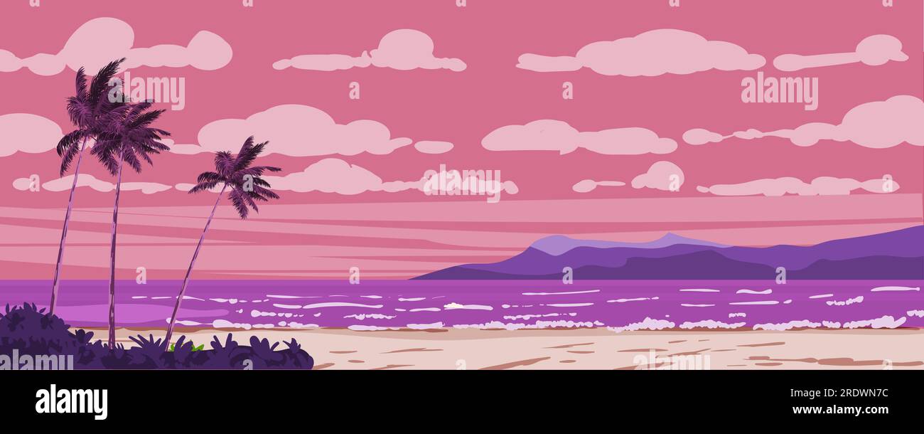 Tropical Sunset banner sunset beach ocean, palms, seashore, horizon ...