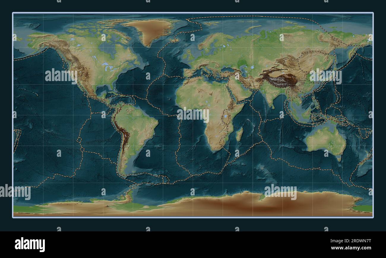 Tectonic plate boundaries on the world wiki style elevation map in the ...