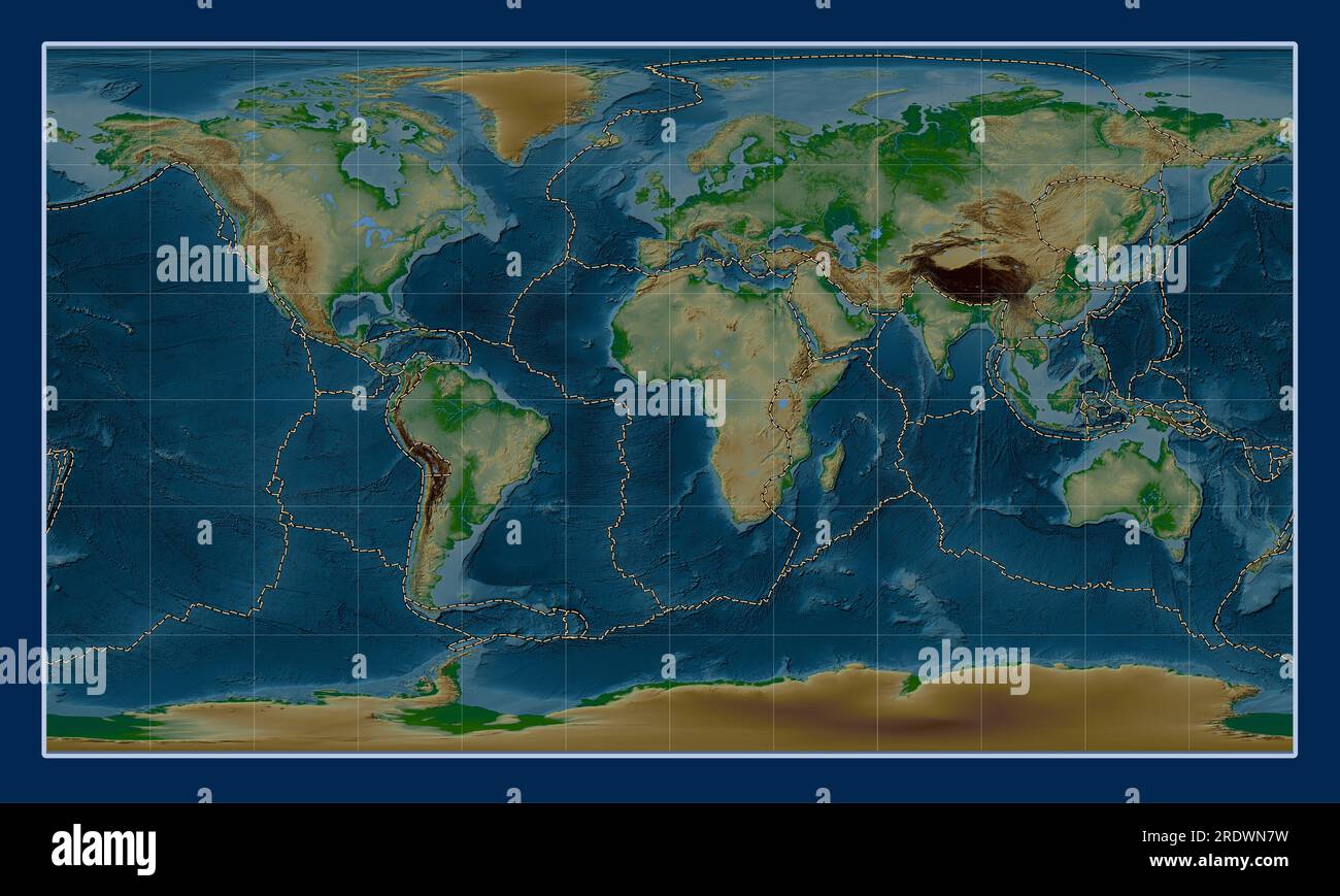 Tectonic plate boundaries on the world physical elevation map in the ...
