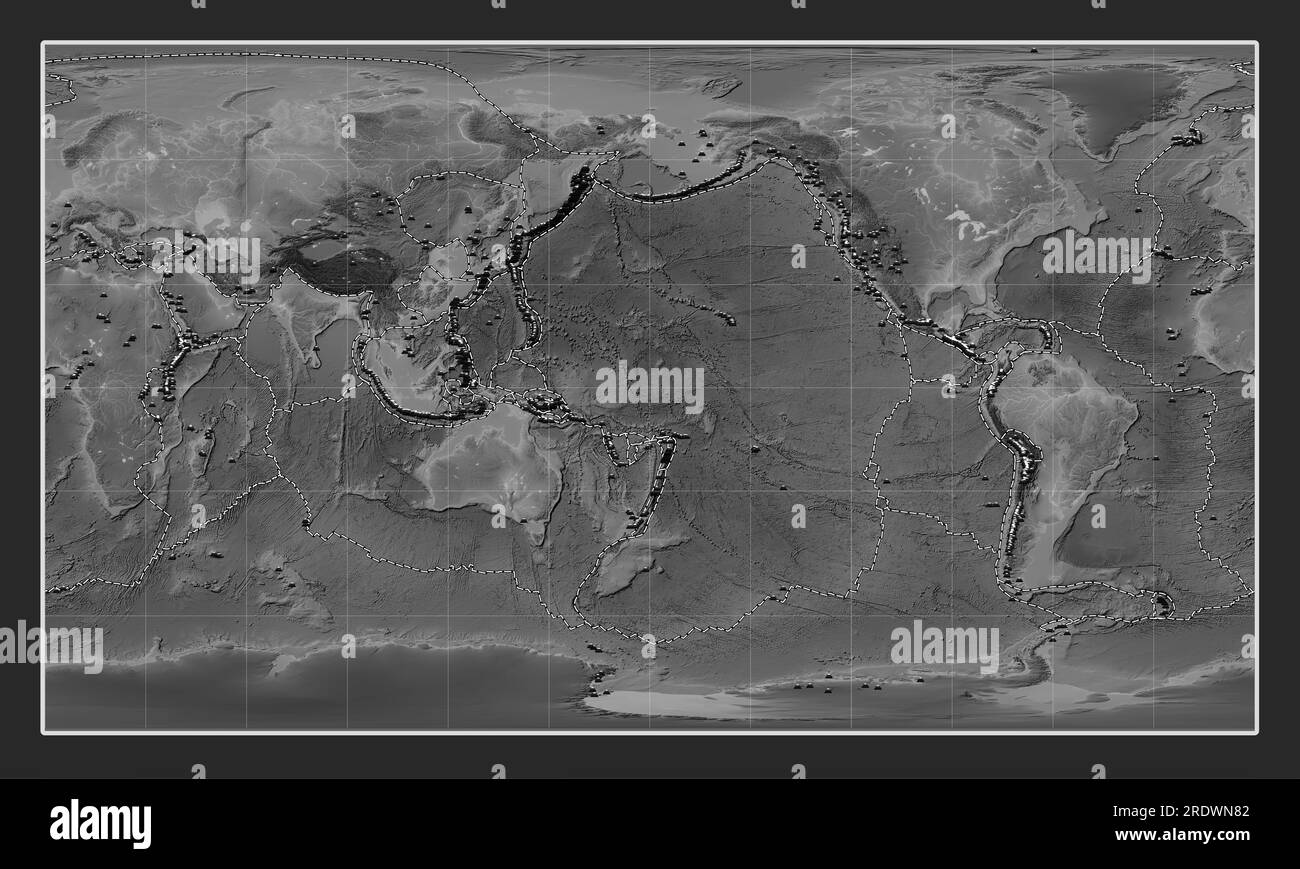 Distribution of known volcanoes on the world grayscale elevation map in ...