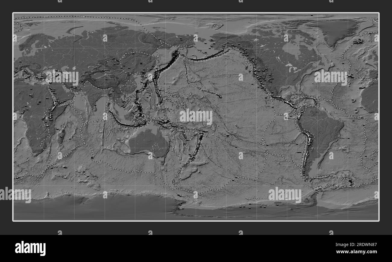 Distribution of known volcanoes on the world bilevel elevation map in ...