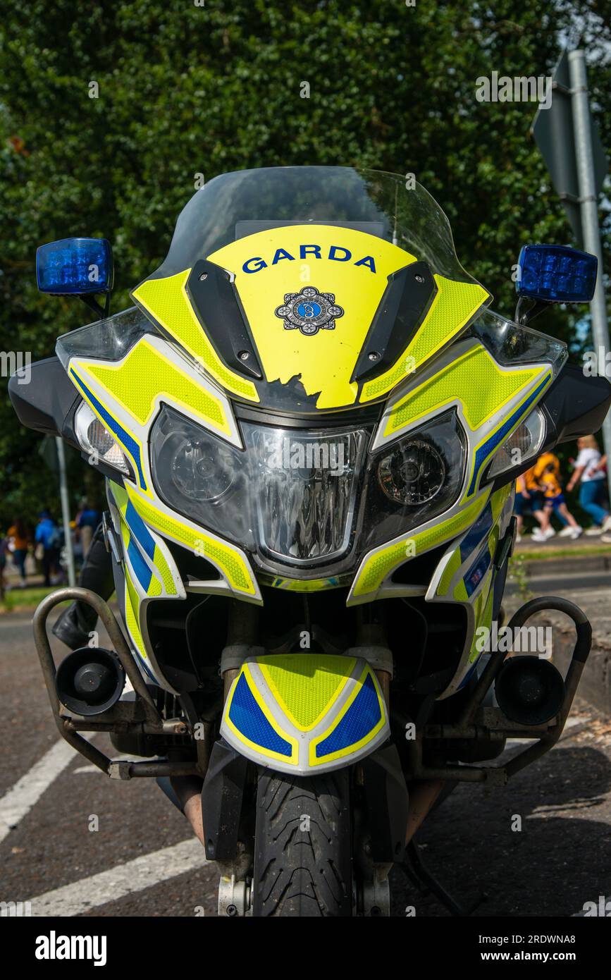 View of police emblems in Ireland, emblem on building, car, and street ...