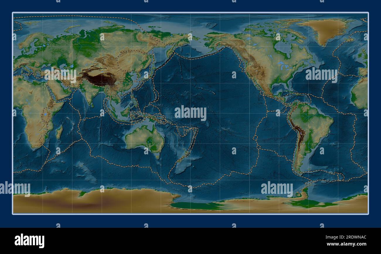 Tectonic plate boundaries on the world physical elevation map in the ...