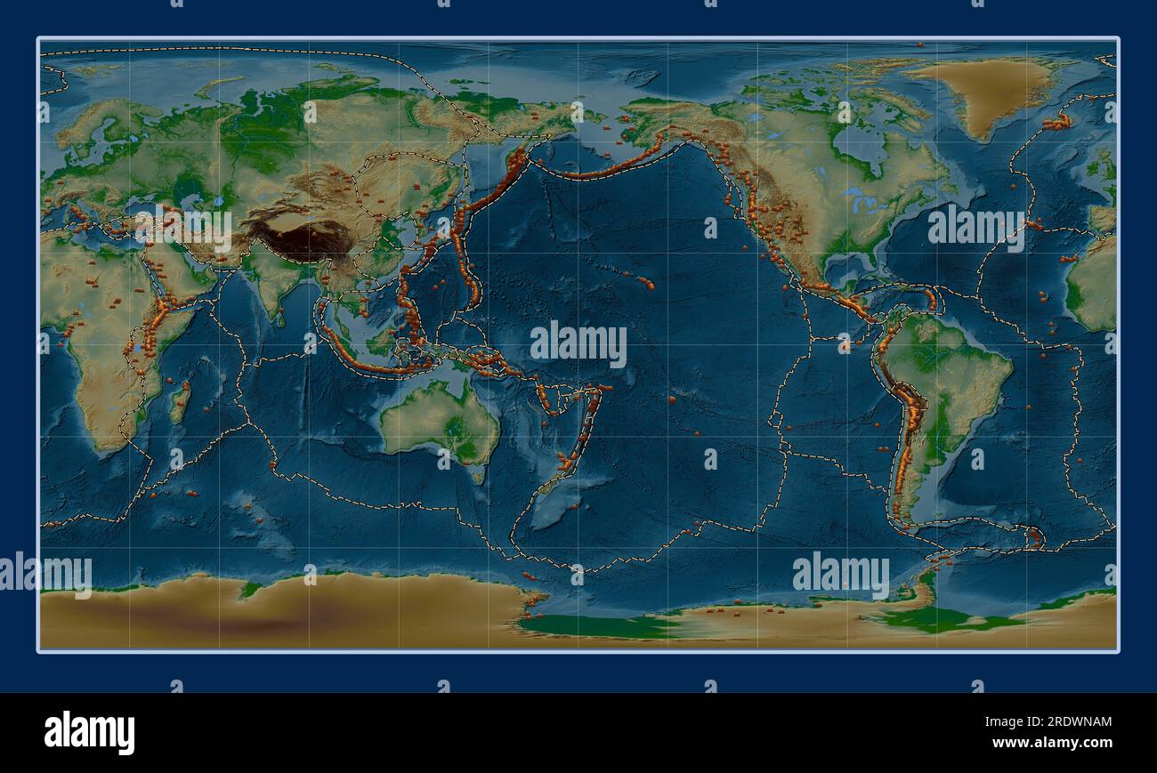 Distribution of known volcanoes on the world physical elevation map in ...