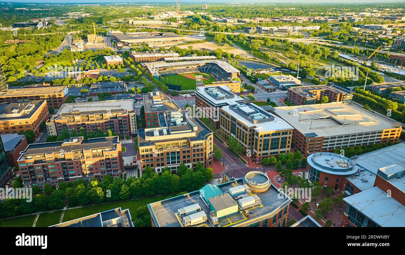 Golden light on landscape and buildings with Columbus Clippers stadium ...