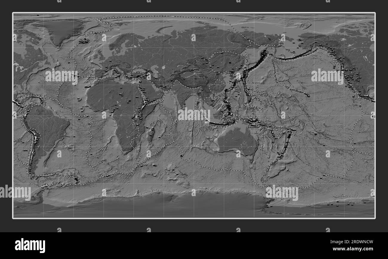 Distribution of known volcanoes on the world bilevel elevation map in ...