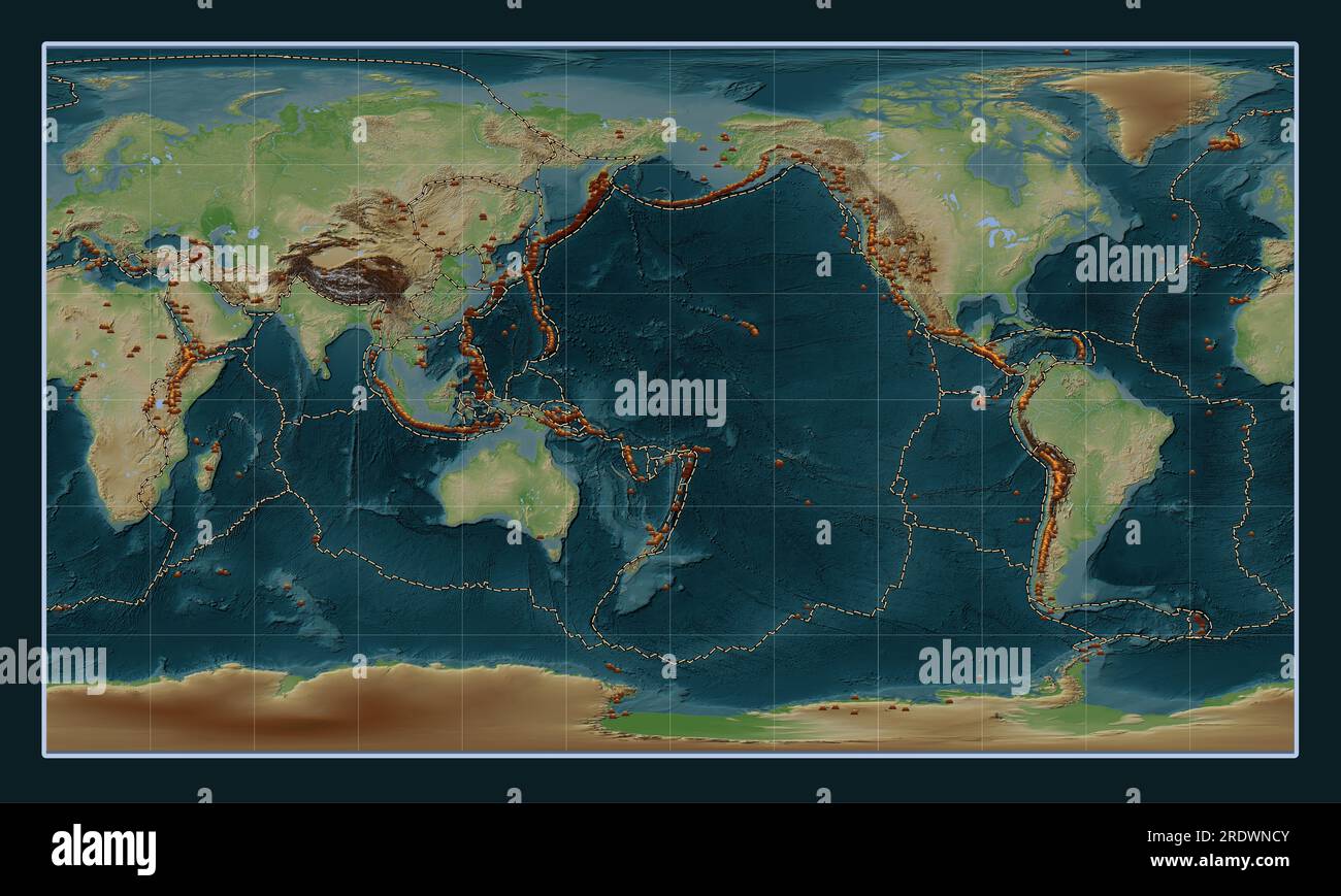 Distribution of known volcanoes on the world wikipedia style elevation ...