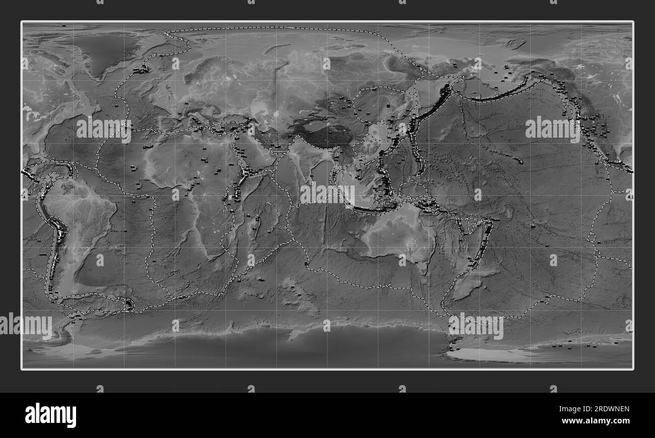 Distribution of known volcanoes on the world grayscale elevation map in ...