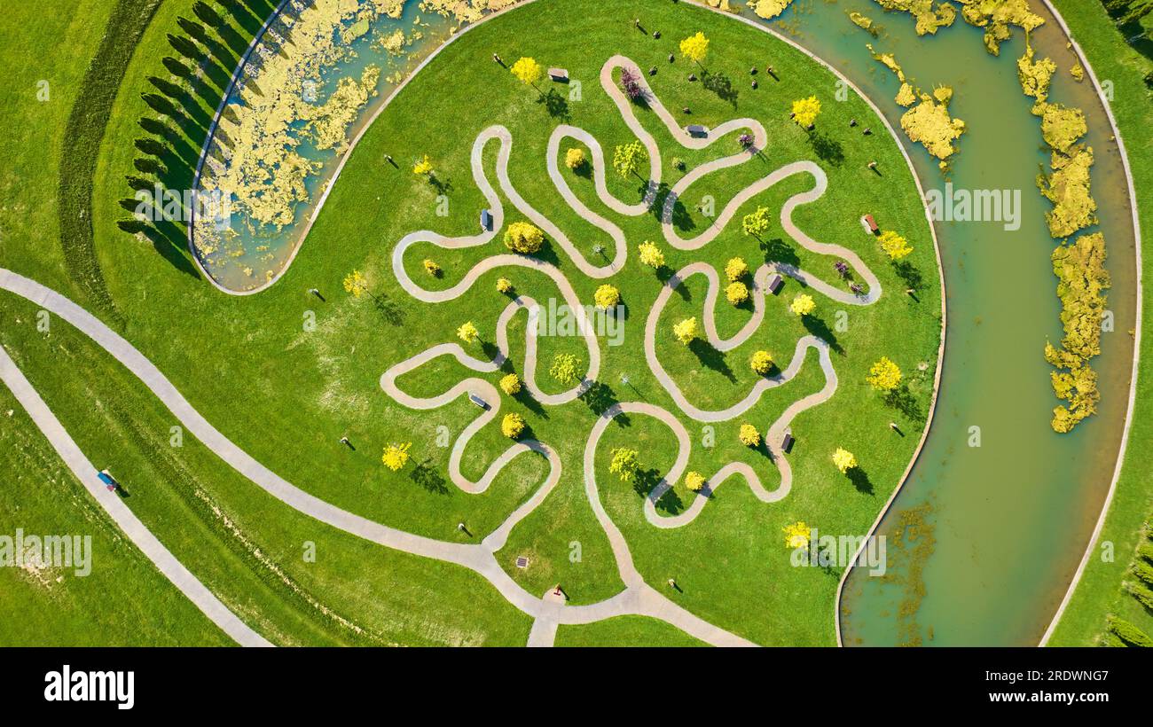 Park with trail that forms shape of a tree drone shot in Ariel ...