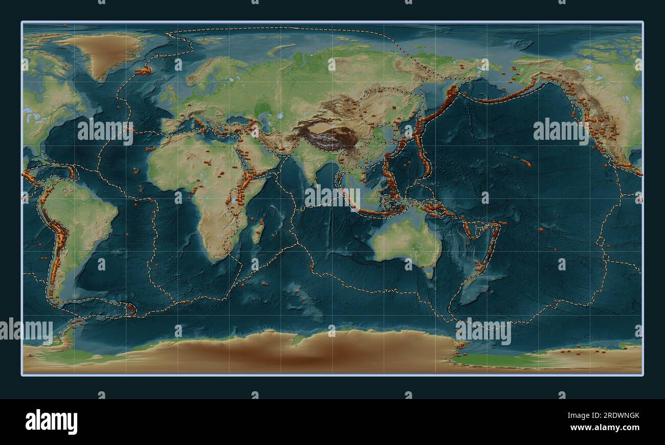 Distribution of known volcanoes on the world wiki style elevation map ...