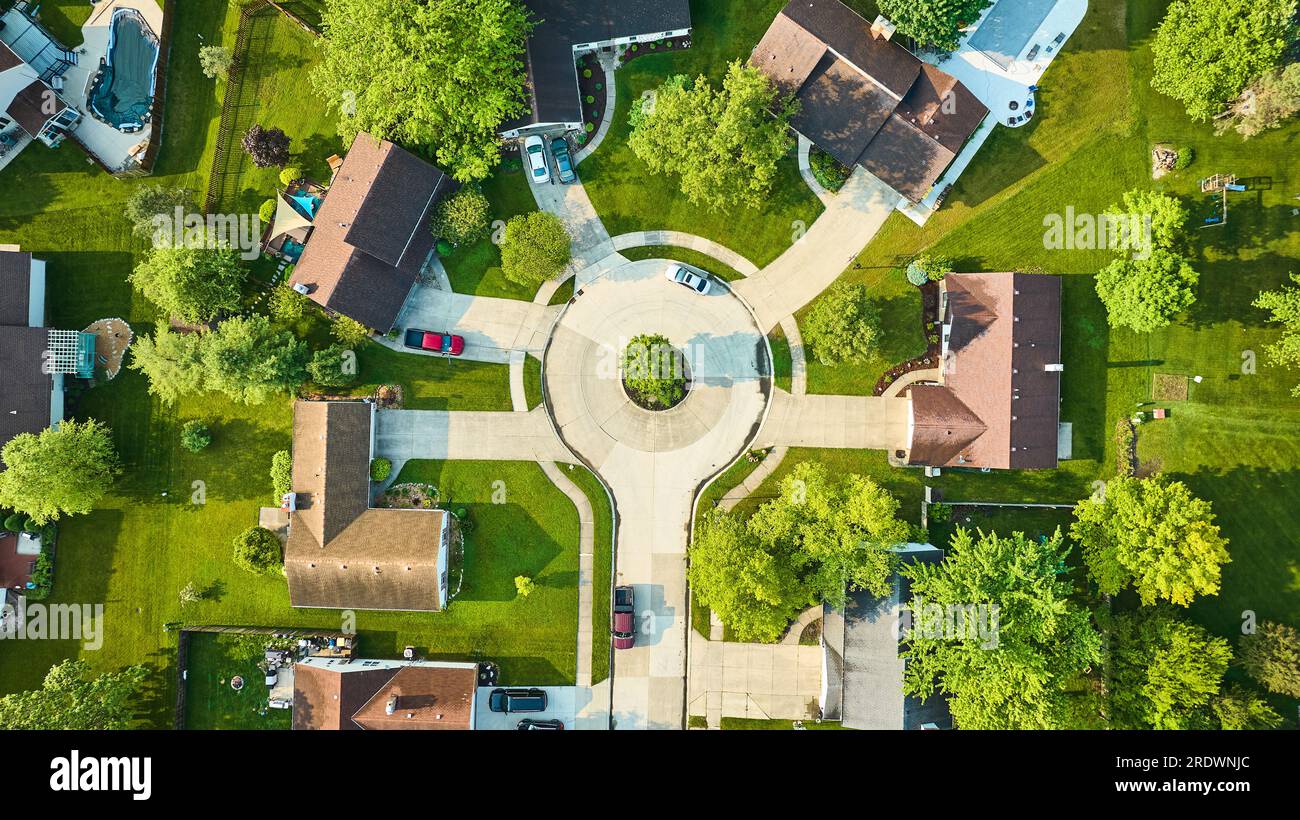 Roof view of cul-de-sac houses in low to middleclass neighborhood with ...