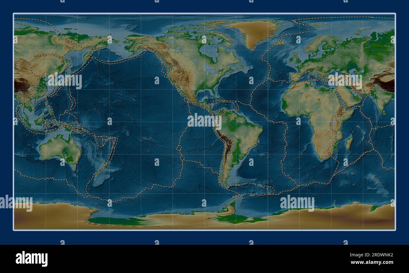 Tectonic plate boundaries on the world physical elevation map in the ...