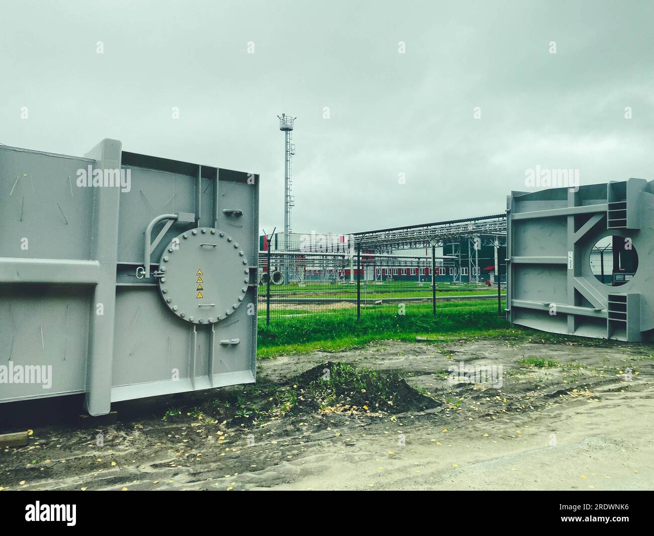 Huge oil, gas and liquid storage tanks in open air field at factory ...