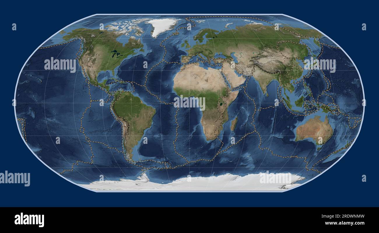 Tectonic plate boundaries on the world blue Marble satellite map in the ...