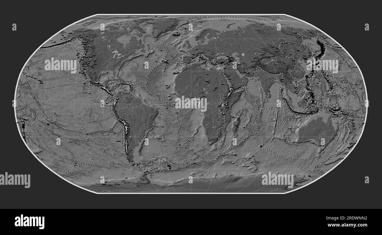 Distribution of known volcanoes on the world bilevel elevation map in ...