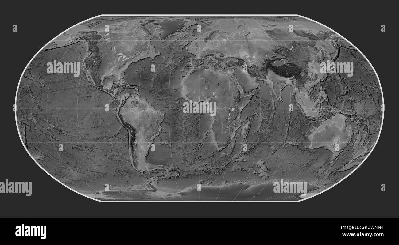 World grayscale elevation map in the Robinson projection centered on ...