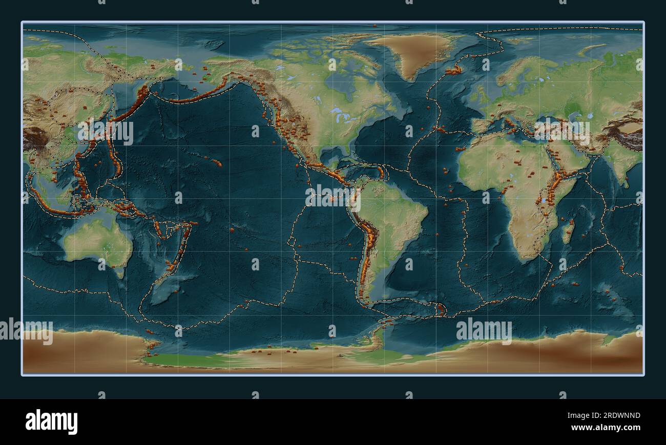 Distribution of known volcanoes on the world wiki style elevation map ...