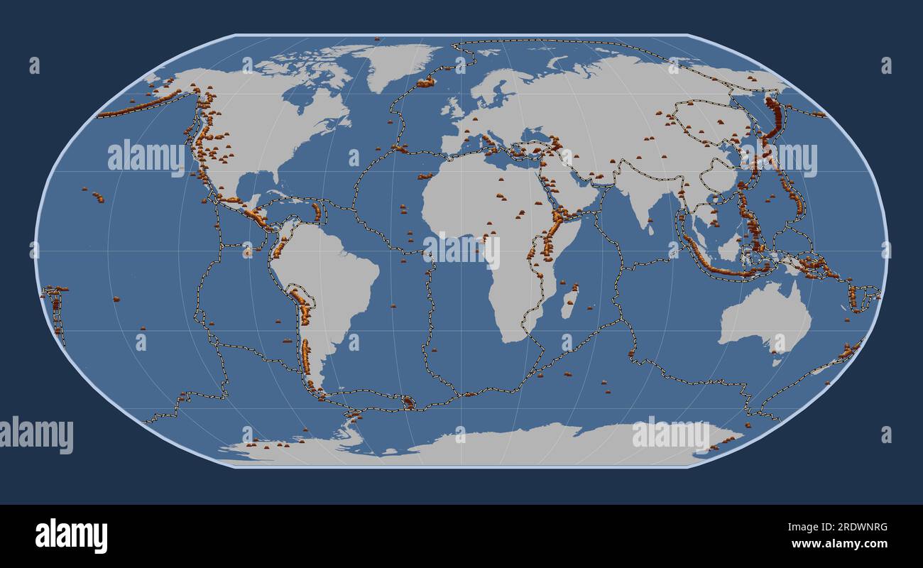 Distribution of known volcanoes on the world solid contour map in the ...