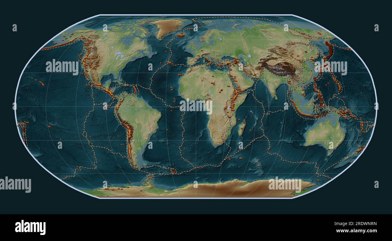 Distribution of known volcanoes on the world wiki style elevation map ...