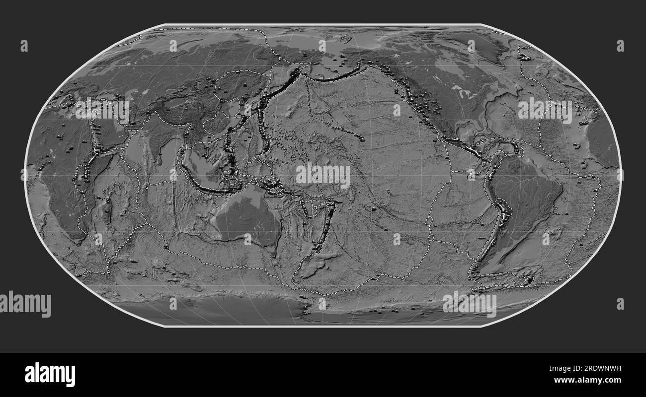 Distribution of known volcanoes on the world bilevel elevation map in ...
