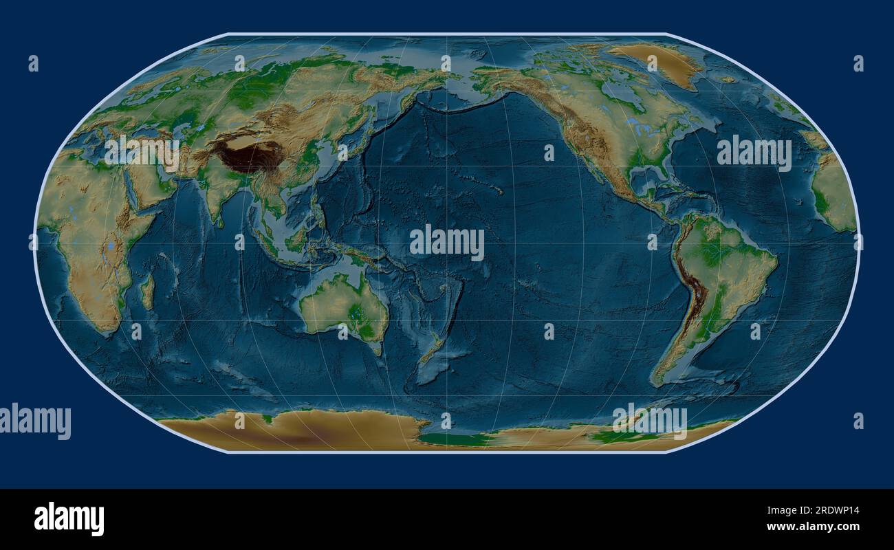 World physical elevation map in the Robinson projection centered on the ...