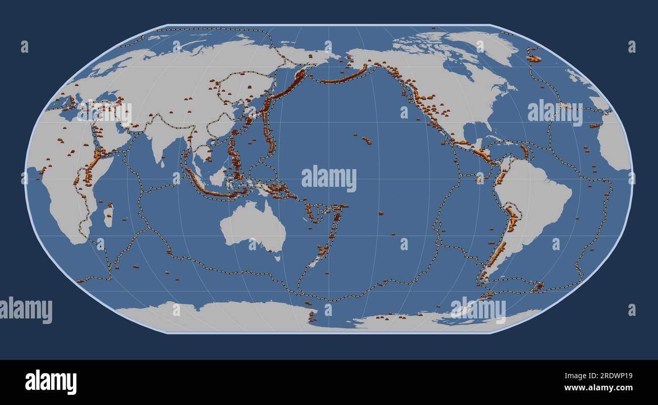 Distribution of known volcanoes on the world solid contour map in the ...