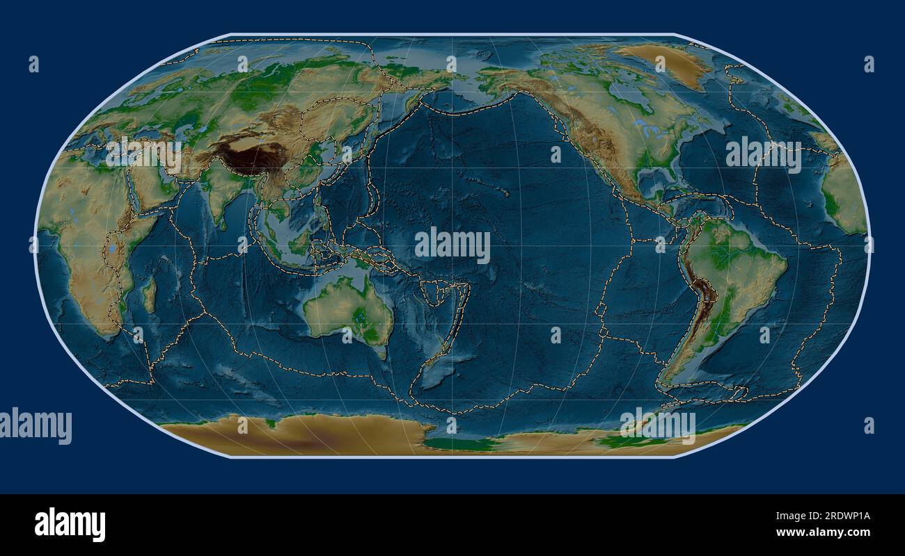 Tectonic plate boundaries on the world physical elevation map in the ...