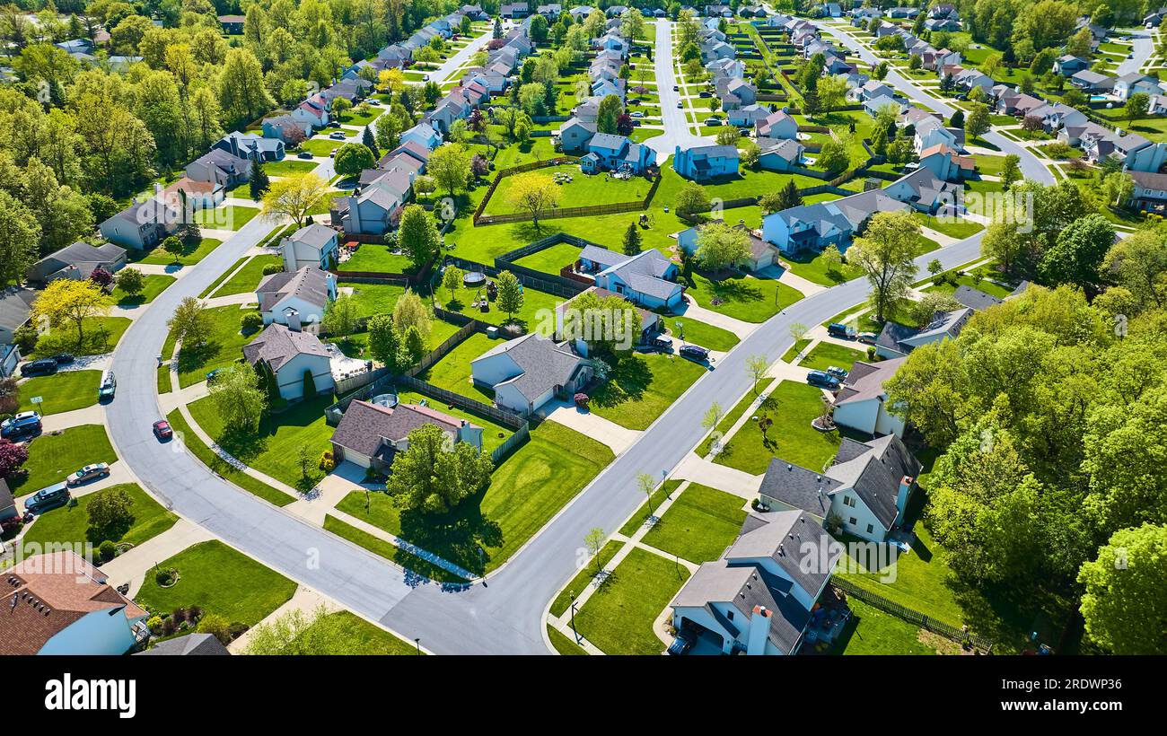 Aerial lots of homes in large neighborhood like game miniature Stock ...