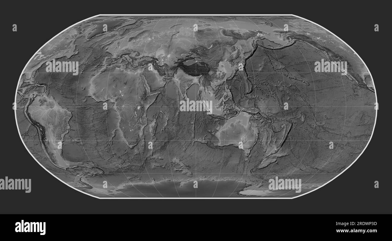 World grayscale elevation map in the Robinson projection centered on ...